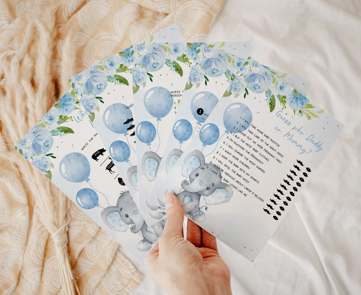 Editable Blue Elephant Baby Shower Games Bundle – Cuddle Palette