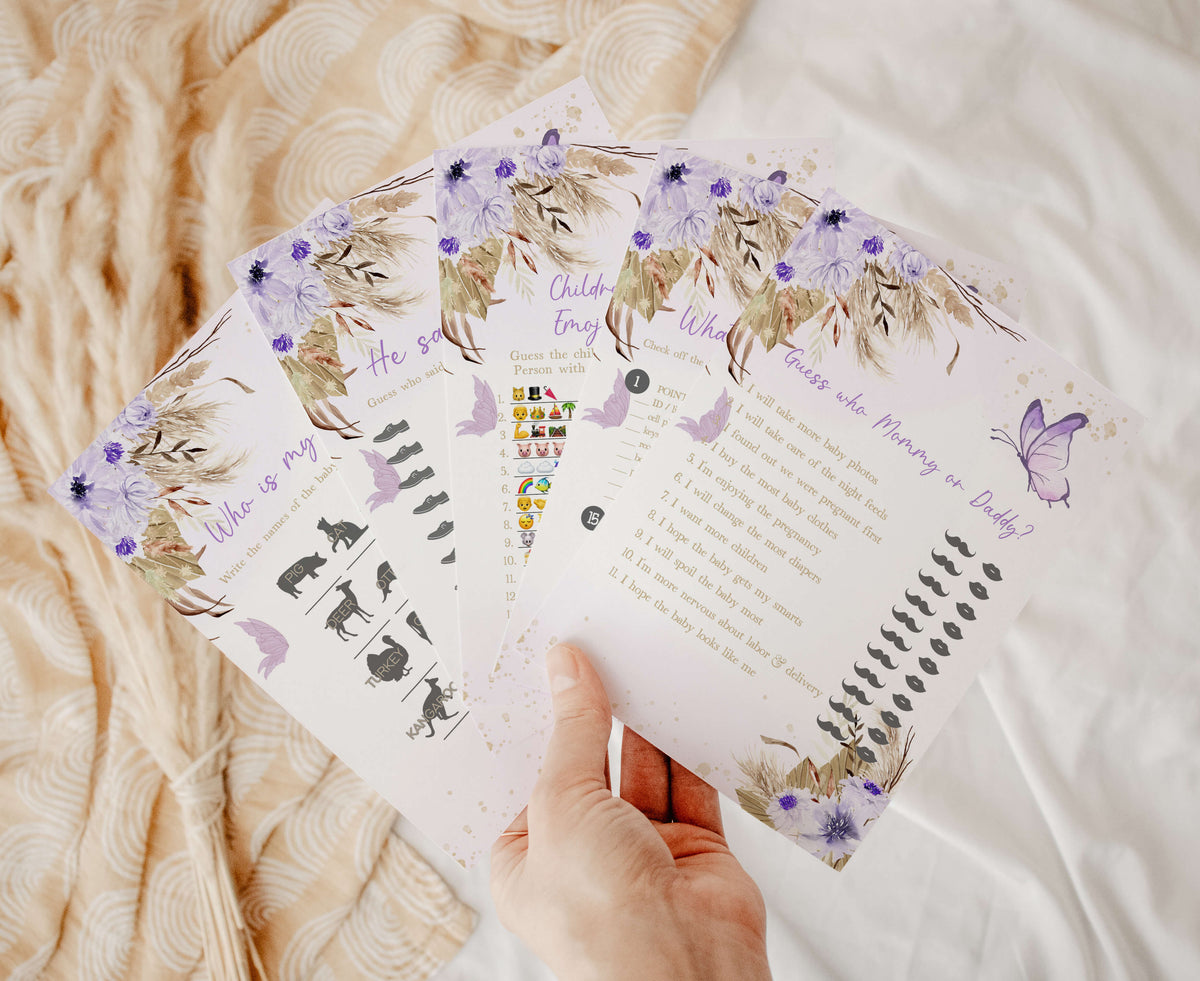 Purple Floral Baby Party Games Package Printable – Cuddle Palette