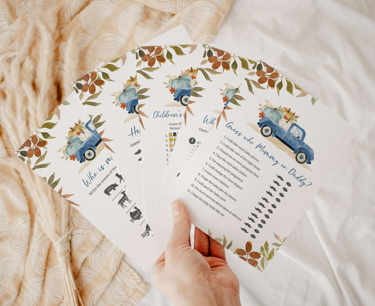 Editable Blue Pumpkin Pickup Truck Baby Shower Games Bundle – Cuddle ...