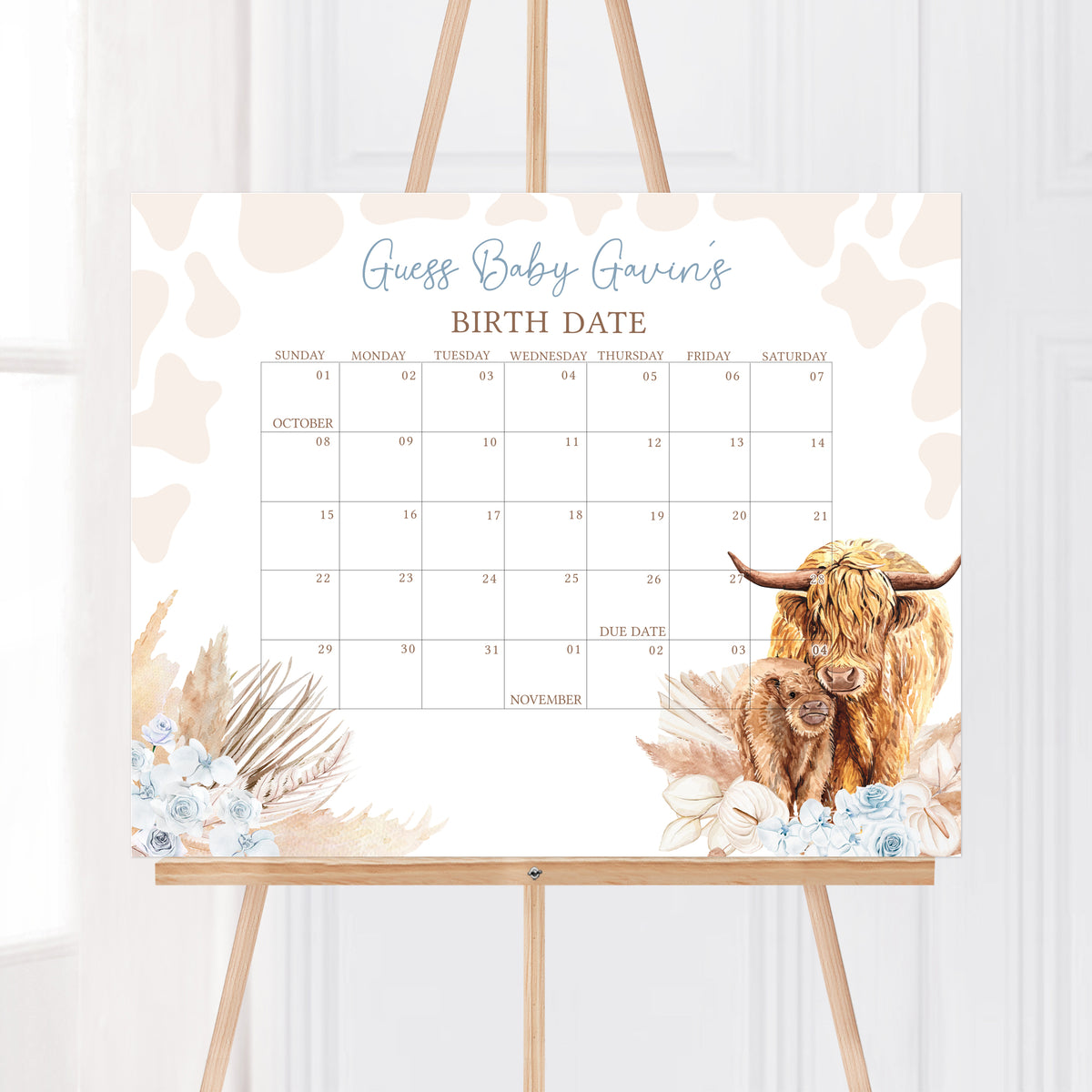 Editable Highland Cow Baby Shower Due Date Calendar – Cuddle Palette