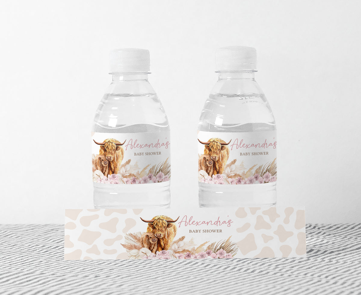 Editable Highland Cow Baby Shower Bottle Label – Cuddle Palette