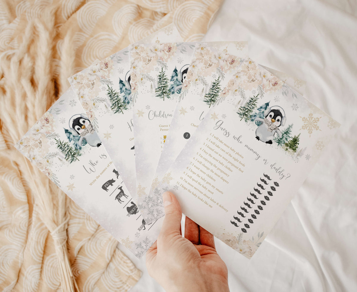 Editable Floral Winter Penguin Baby Shower Games Bundle – Cuddle Palette