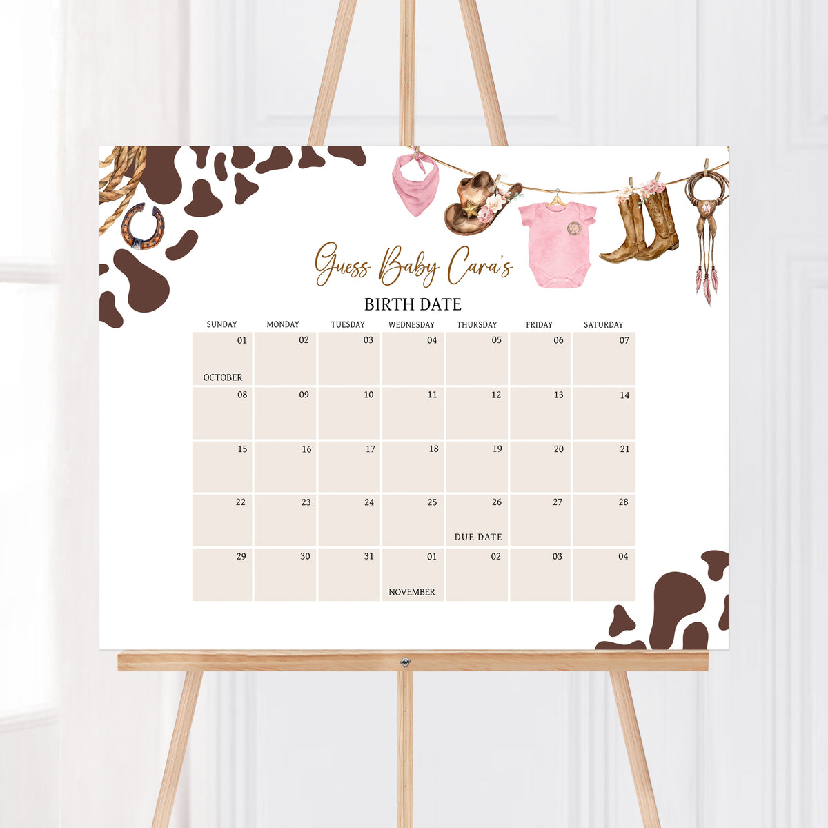 Editable Pink Cowgirl Baby Shower Due Date Calendar – Cuddle Palette