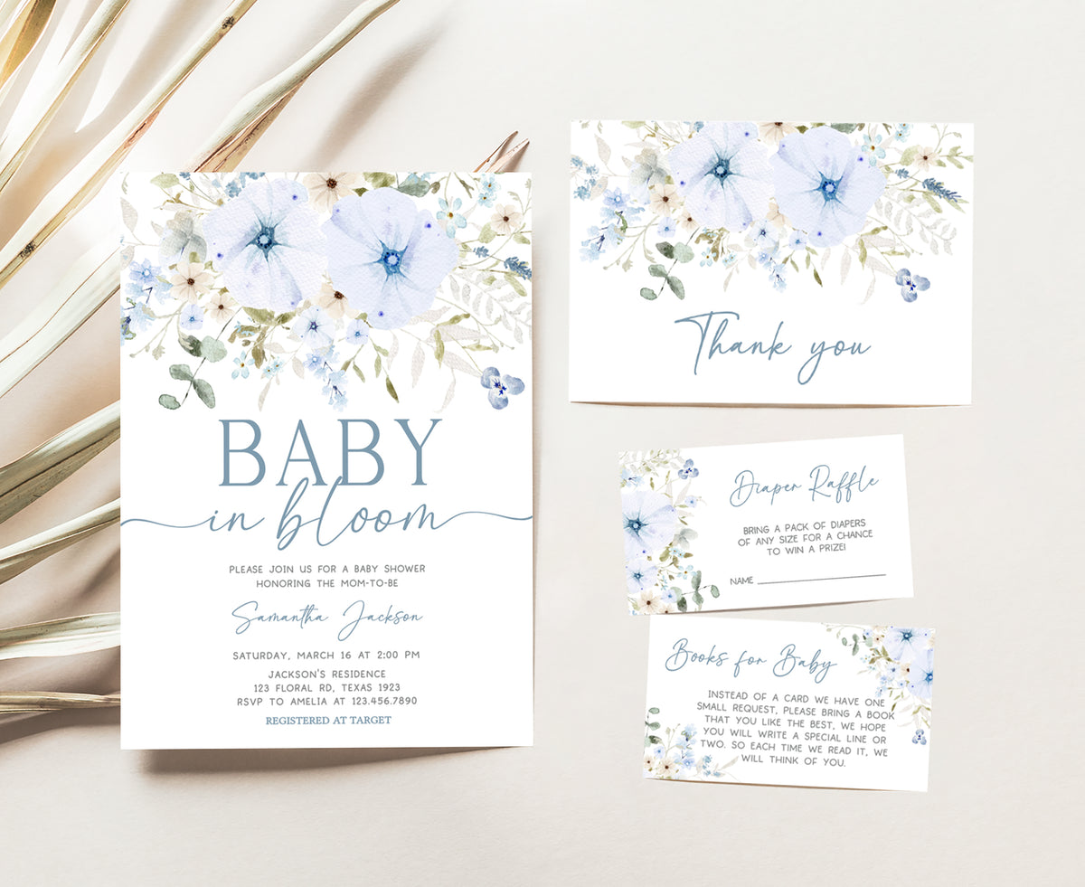 Blue Baby in Bloom Baby Party Invitation and Cards DIY Pack – Cuddle ...