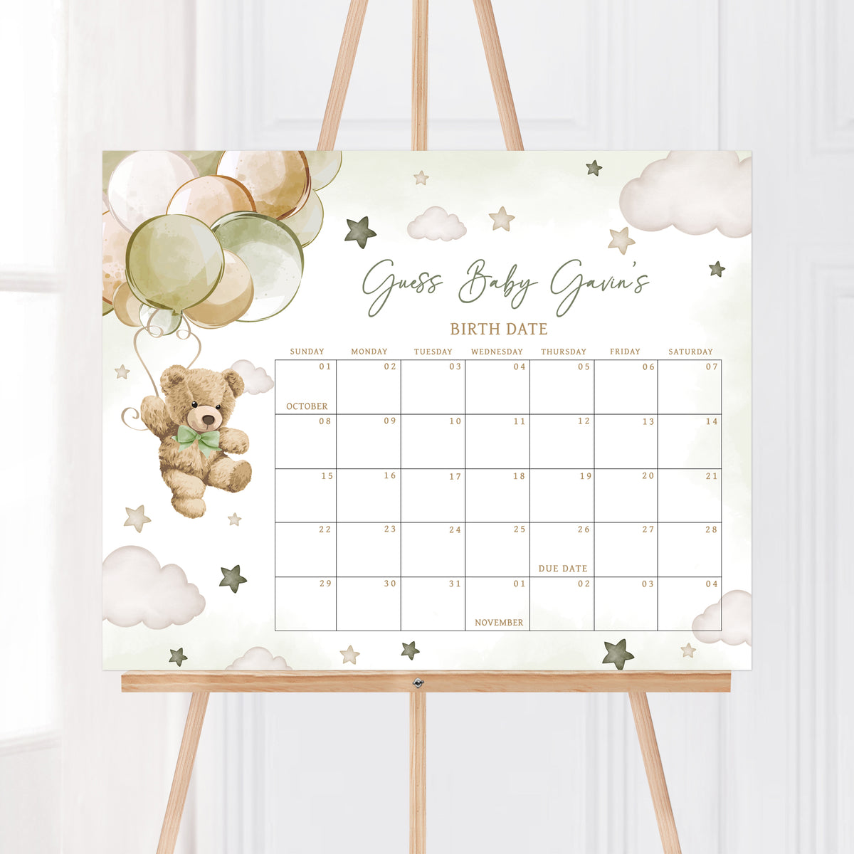 Gender Neutral Bear Baby Shower Due Date Calendar Printable – Cuddle ...