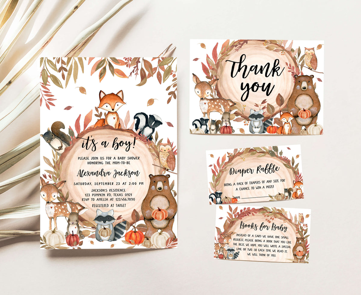 Editable Fall Woodland Baby Shower Invitation Set – Cuddle Palette Editable Fall Woodland Baby Shower Invitation Set – Cuddle Palette