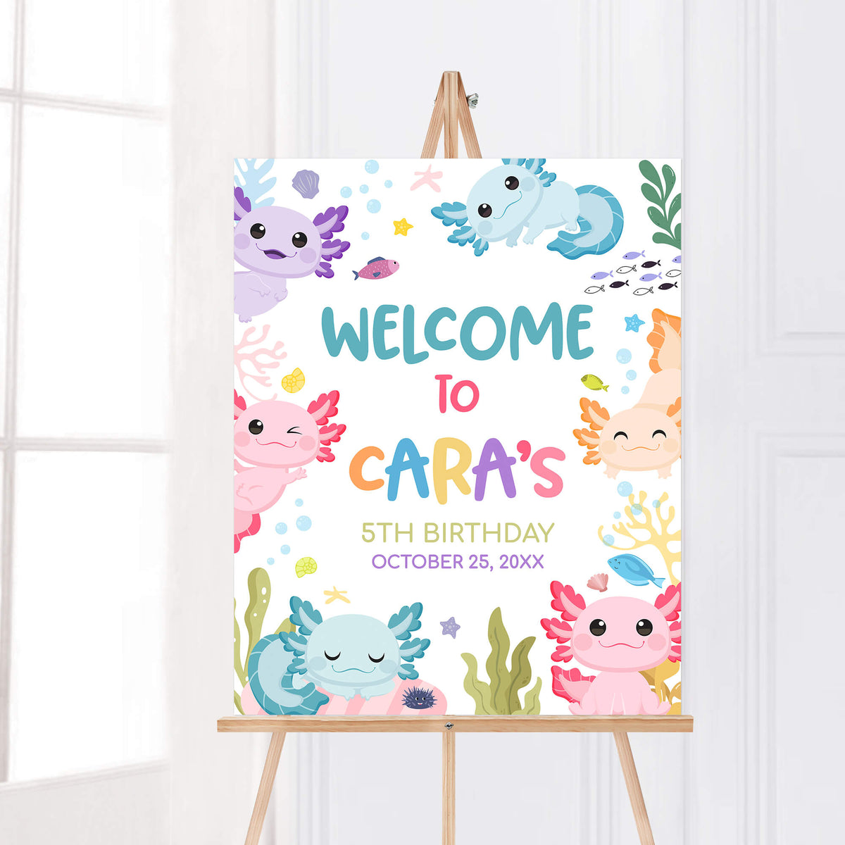 Editable Axolotl Birthday Party Welcome Sign – Cuddle Palette