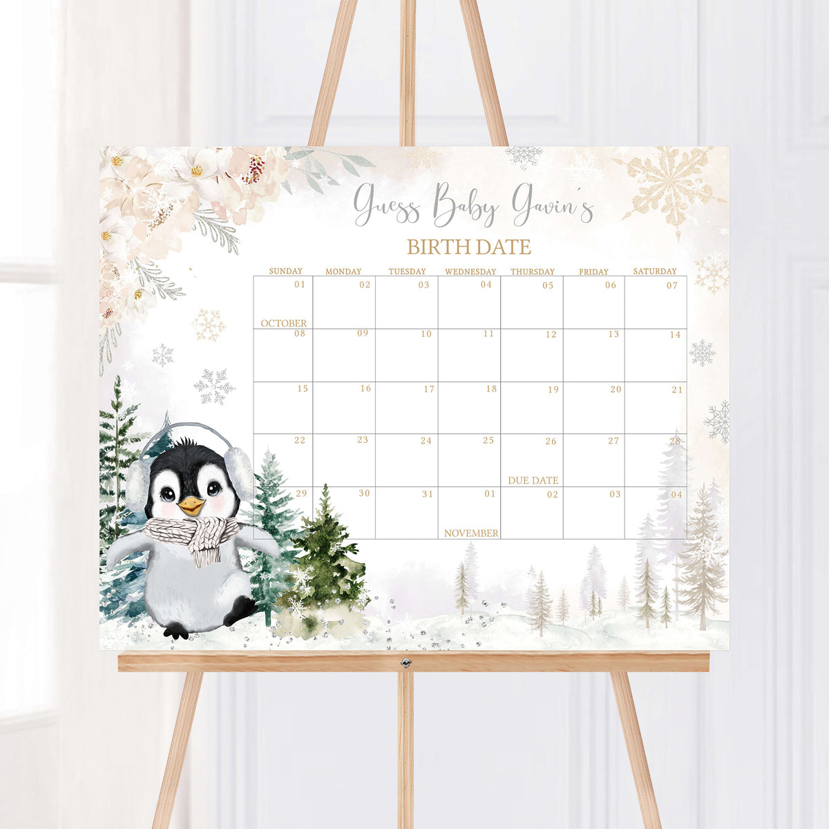 Editable Floral Winter Penguin Baby Shower Due Date Calendar – Cuddle ...