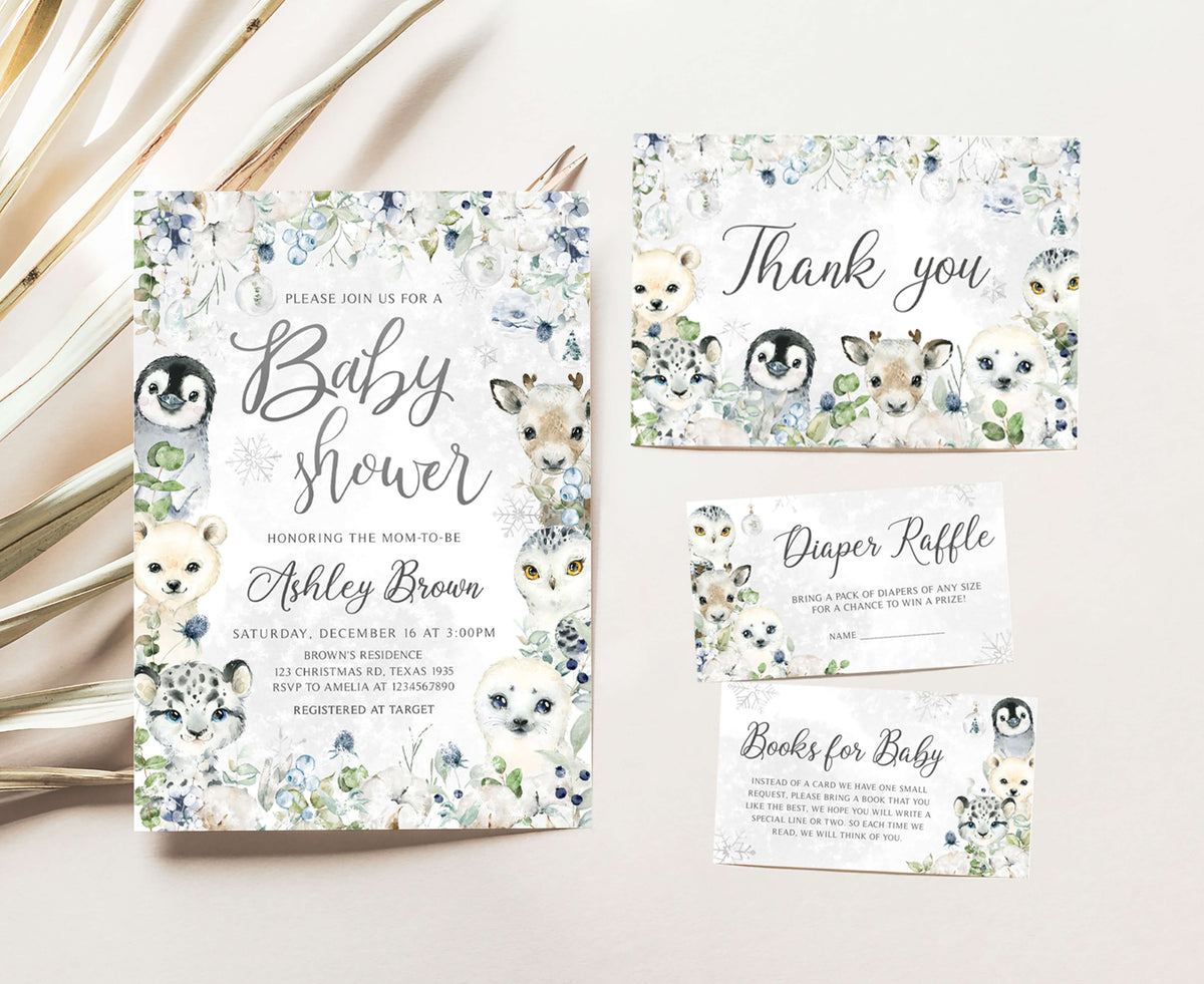 Editable Winter Arctic Animals Baby Shower Invitation Set – Cuddle Palette