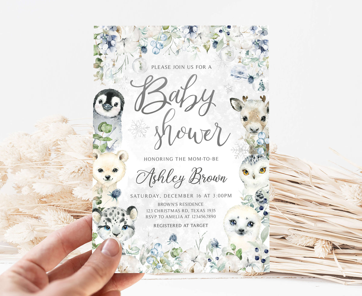 Editable Winter Arctic Animals Baby Shower Invitation – Cuddle Palette