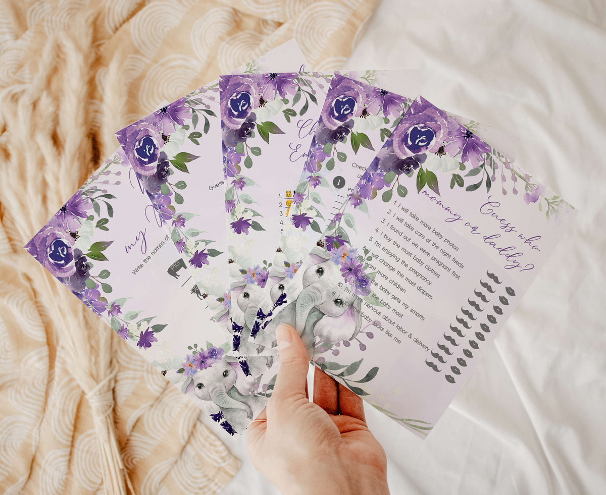Editable Purple Elephant Baby Shower Games Bundle – Cuddle Palette