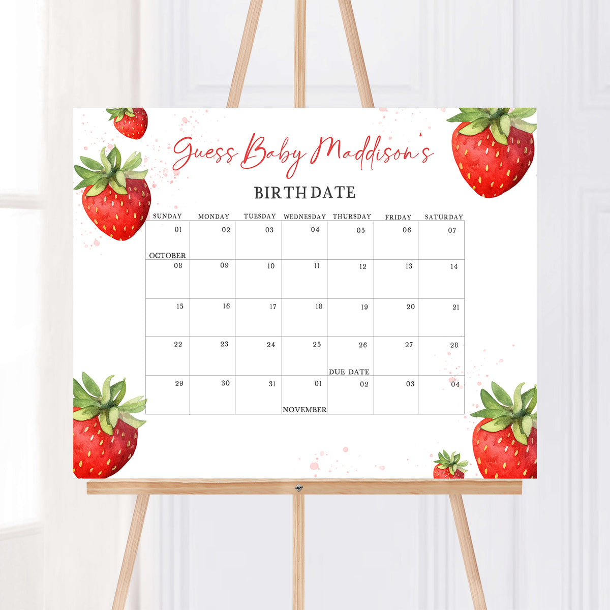 Editable Strawberry Baby Shower Due Date Calendar – Cuddle Palette