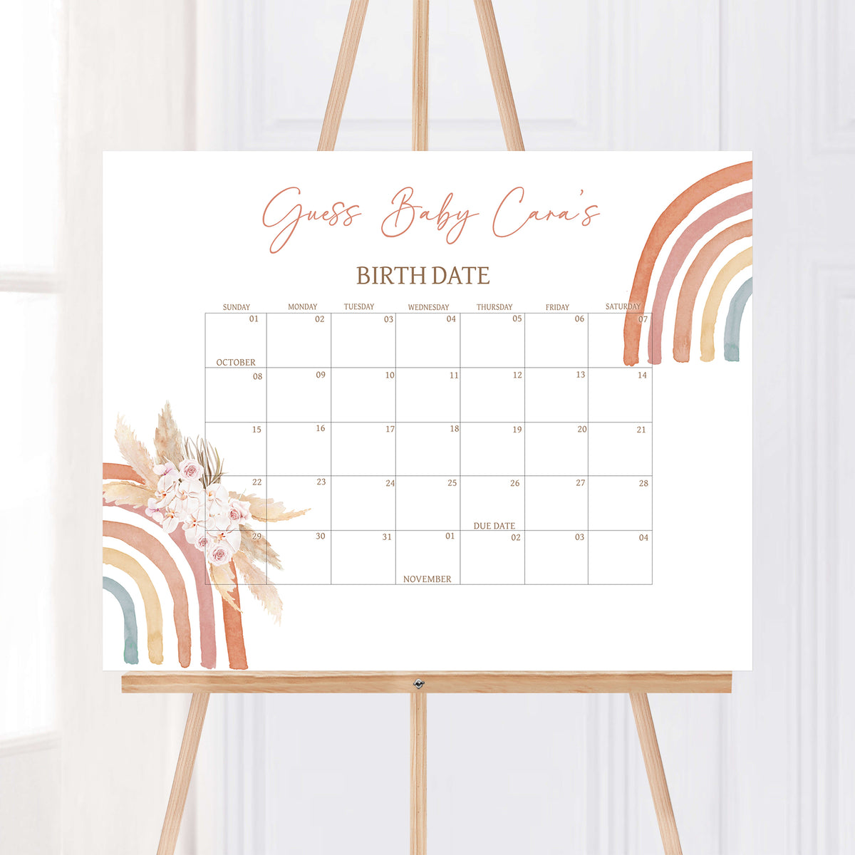 Editable Boho Rainbow Baby Shower Due Date Calendar – Cuddle Palette