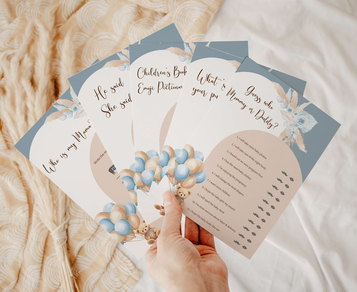 Editable Blue Bear Balloon Baby Shower Games Bundle – Cuddle Palette