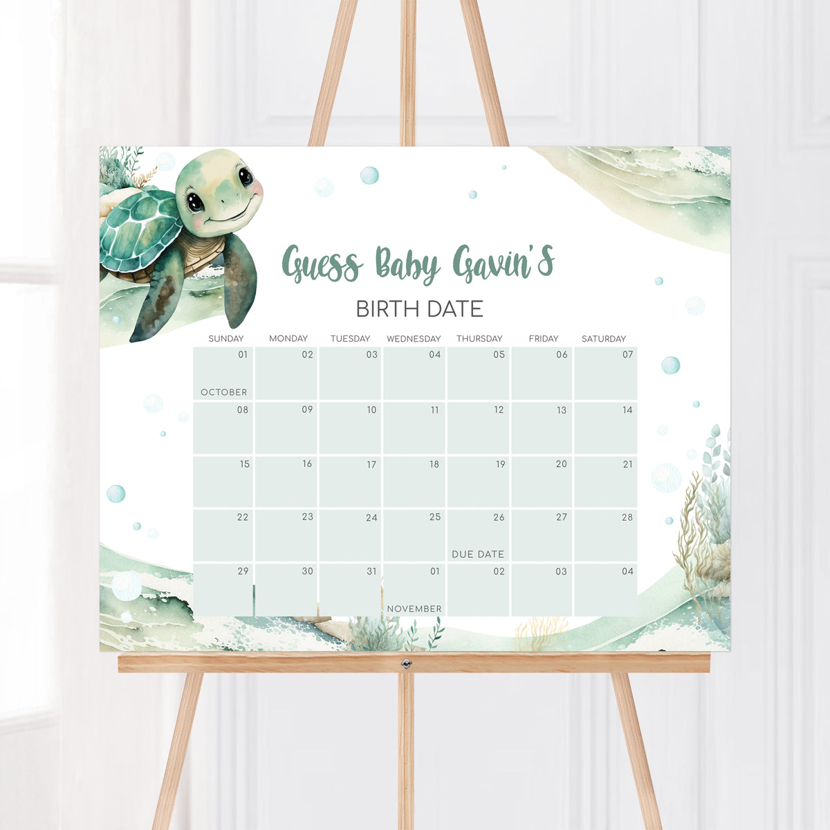 Editable Sea Turtle Baby Shower Due Date Calendar – Cuddle Palette