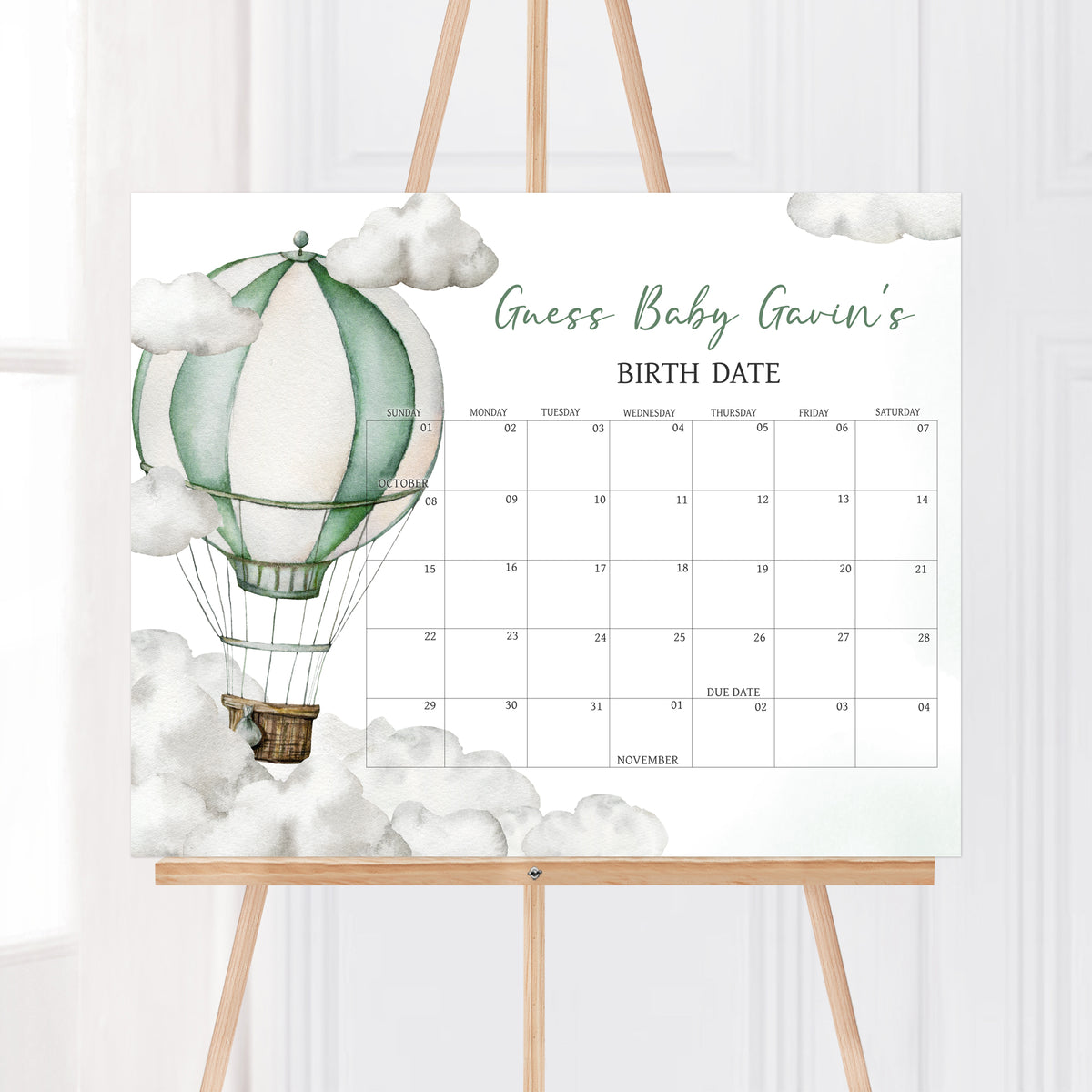 Editable Green Hot Air Balloon Baby Shower Due Date Calendar – Cuddle ...