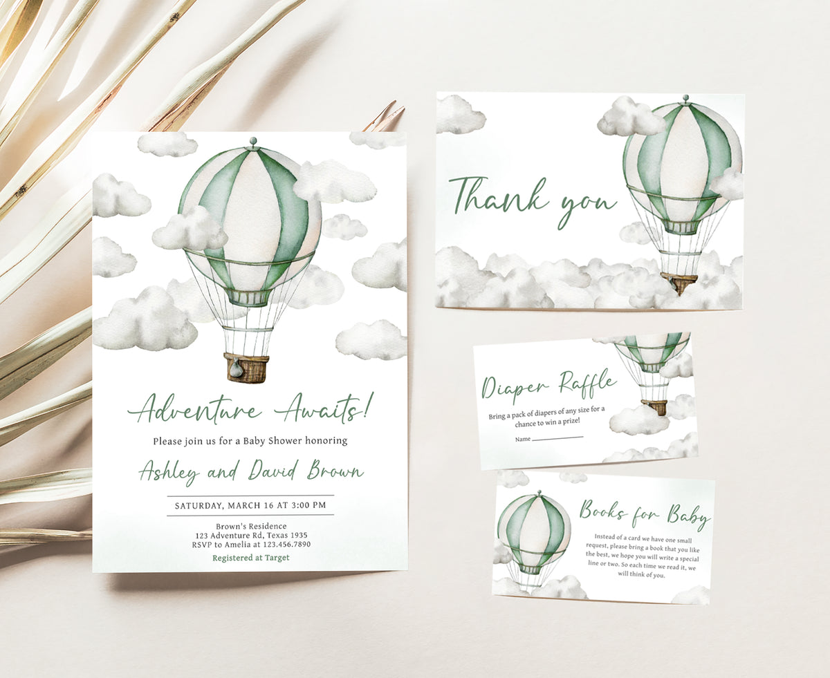 Editable Green Hot Air Balloon Baby Shower Invitation Set – Cuddle Palette