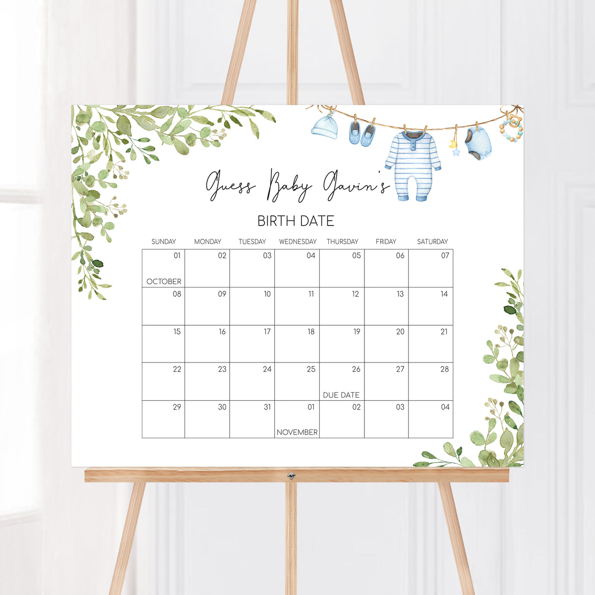 Editable Boy Baby Clothes Baby Shower Due Date Calendar – Cuddle Palette