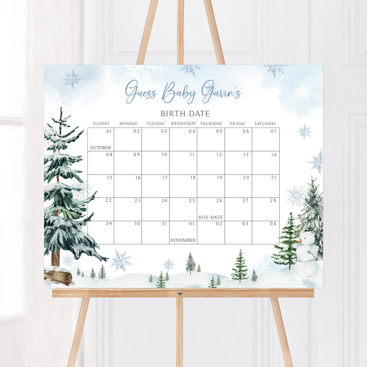 Editable Blue Baby It's Cold Outside Baby Shower Due Date Calendar ...