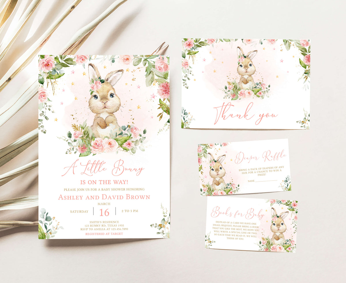 Editable Pink Boho Peter Rabbit Baby Shower Invitation Set – Cuddle Palette