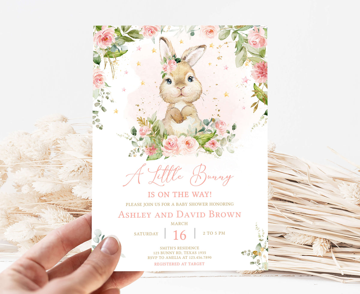 Editable Pink Boho Peter Rabbit Baby Shower Invitation – Cuddle Palette