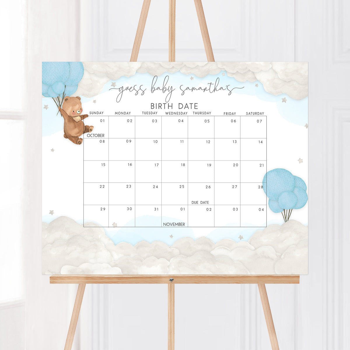 Printable Baby Shower Due Date Calendar Game Blue Balloon – Cuddle Palette