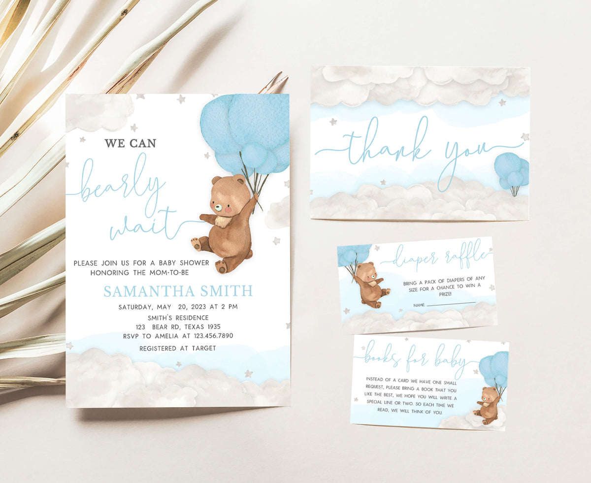 Invitation Templates for Blue Balloon Bear Baby Shower Download ...