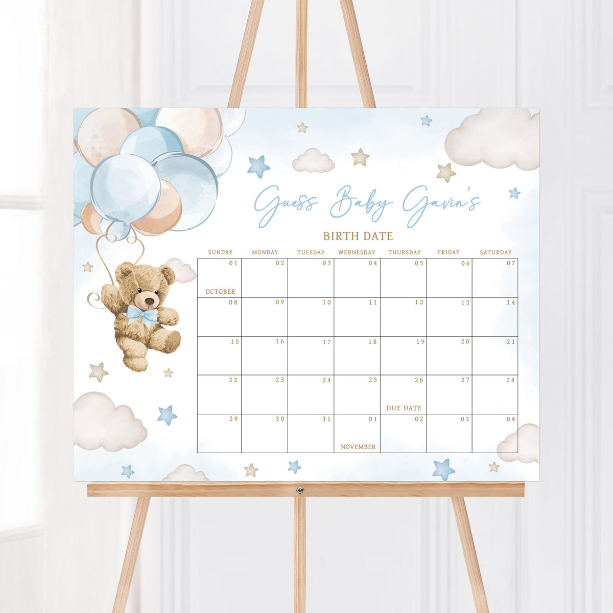 Blue Balloon Bear Baby Shower Due Date Calendar Printable – Cuddle Palette