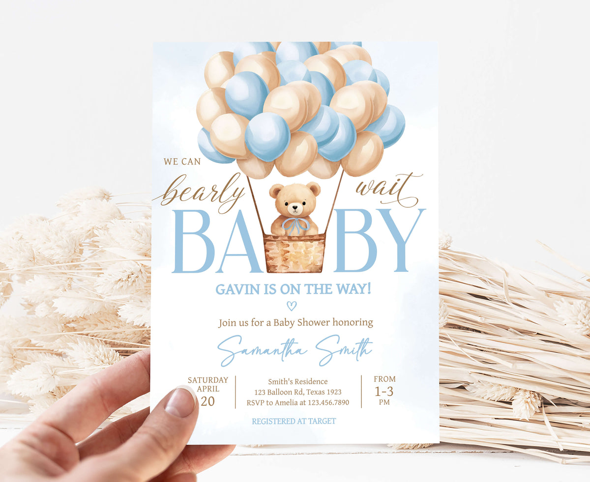 Blue Bear Hot Air Balloon Baby Shower Invitation Template for Boy ...