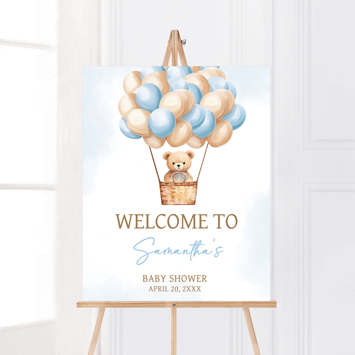Bohemian Bear Shower Printable Welcome Sign Blue Hot Air Balloon ...