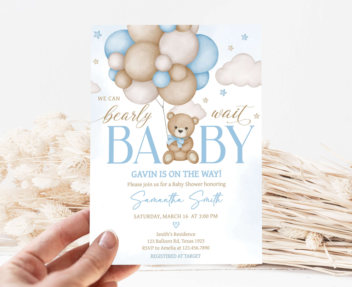 Blue Balloon Bear Baby Shower Invite Template Modern Theme – Cuddle Palette