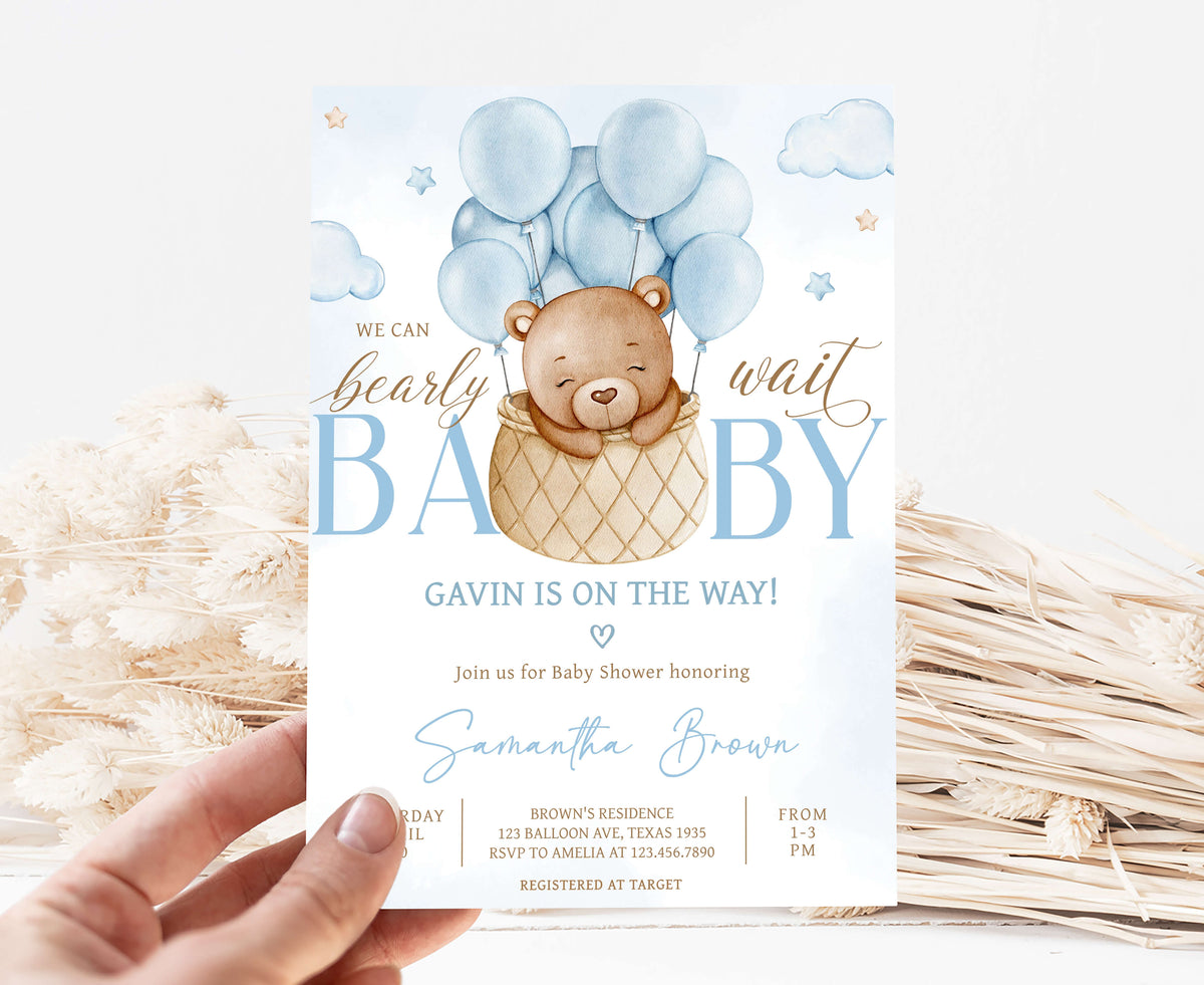 Printable Invitation for Blue Bear Hot Air Balloon Baby Shower Theme ...