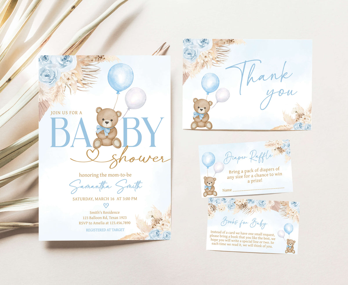 Blue Boho Balloon Bear Baby Shower Invitation Set Templates – Cuddle ...