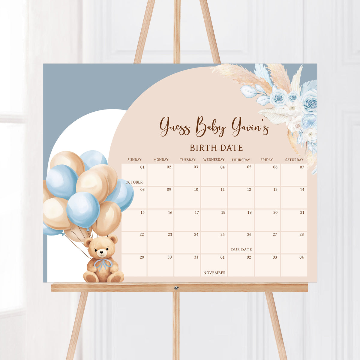 Baby Shower Due Date Calendar Printable Blue Bear Pampas Grass – Cuddle ...