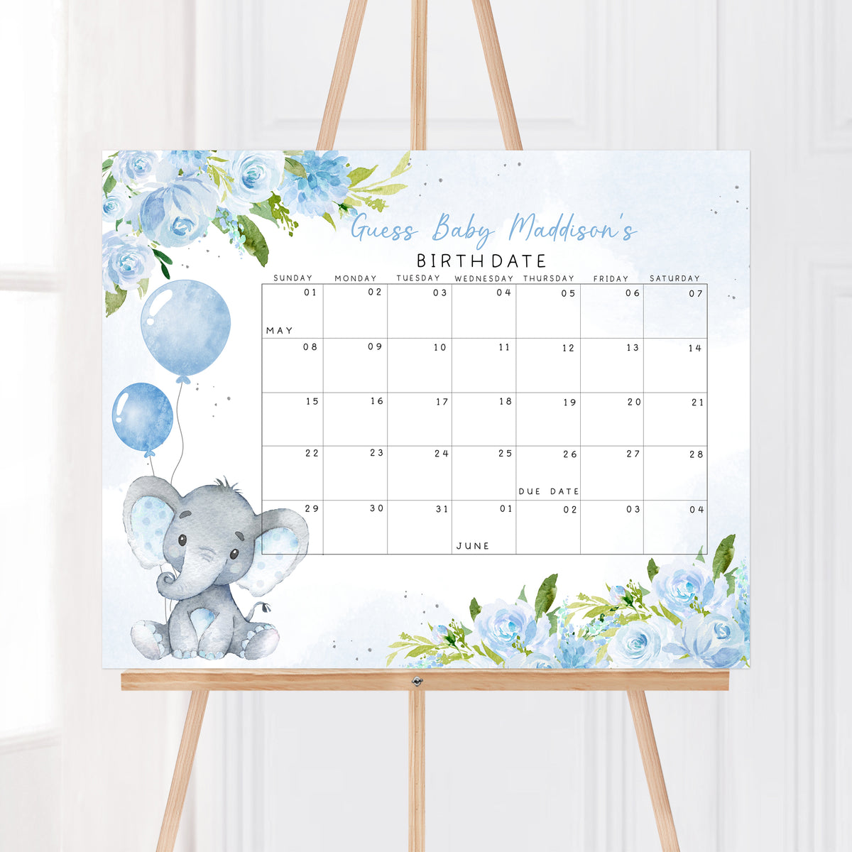 Editable Blue Elephant Baby Shower Due Date Calendar – Cuddle Palette
