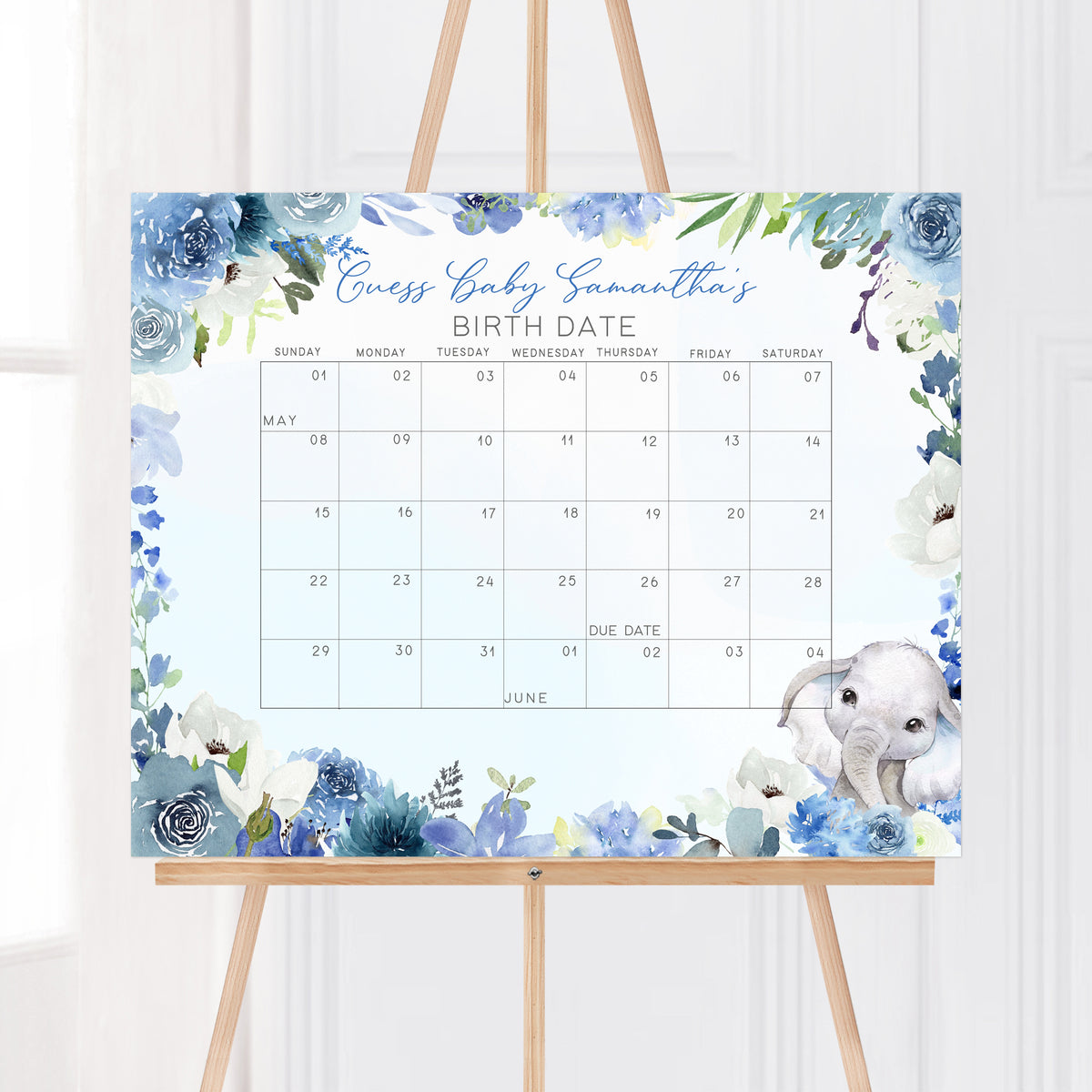 Editable Boy Elephant Baby Shower Due Date Calendar – Cuddle Palette