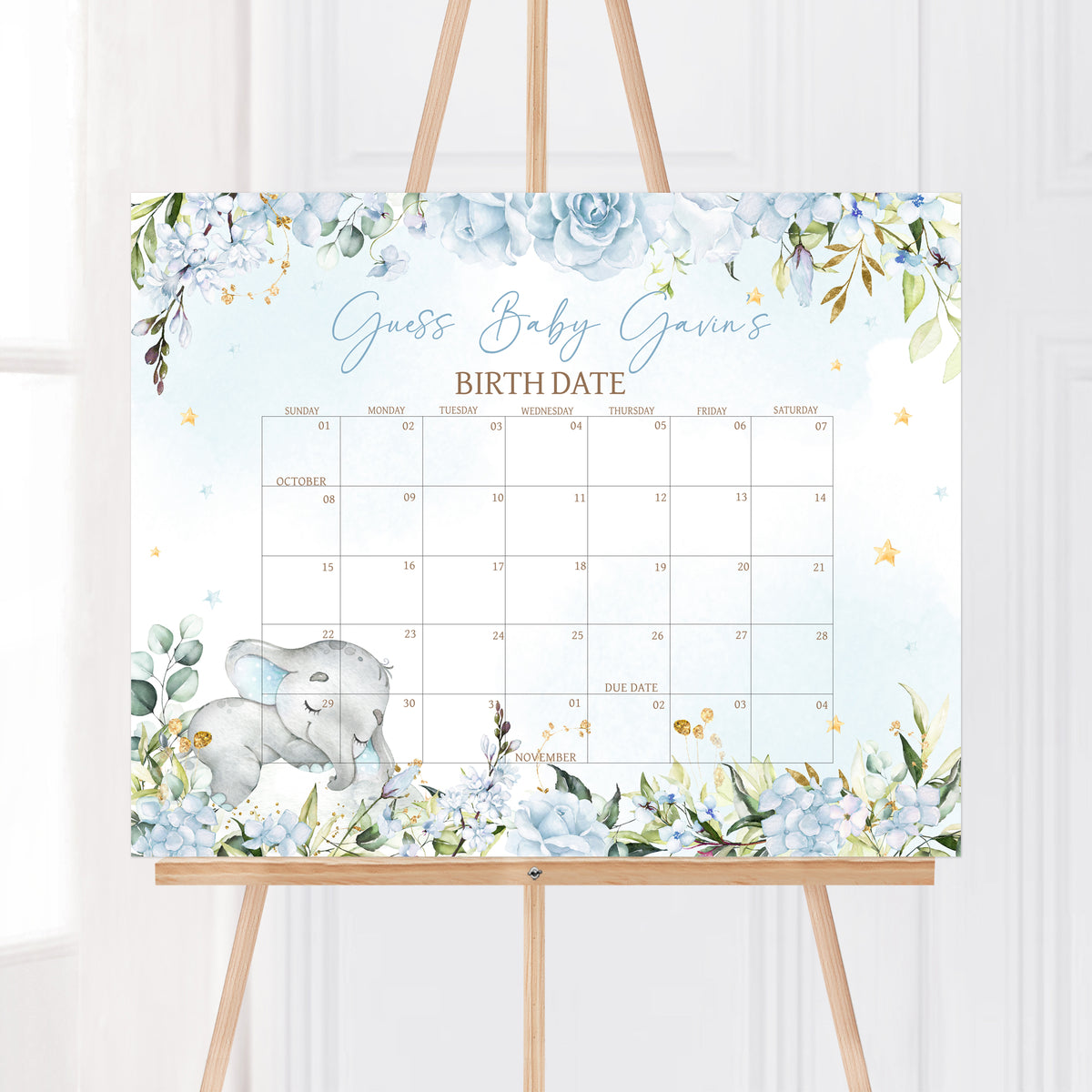 Editable Blue Boy Elephant Baby Shower Due Date Calendar – Cuddle Palette