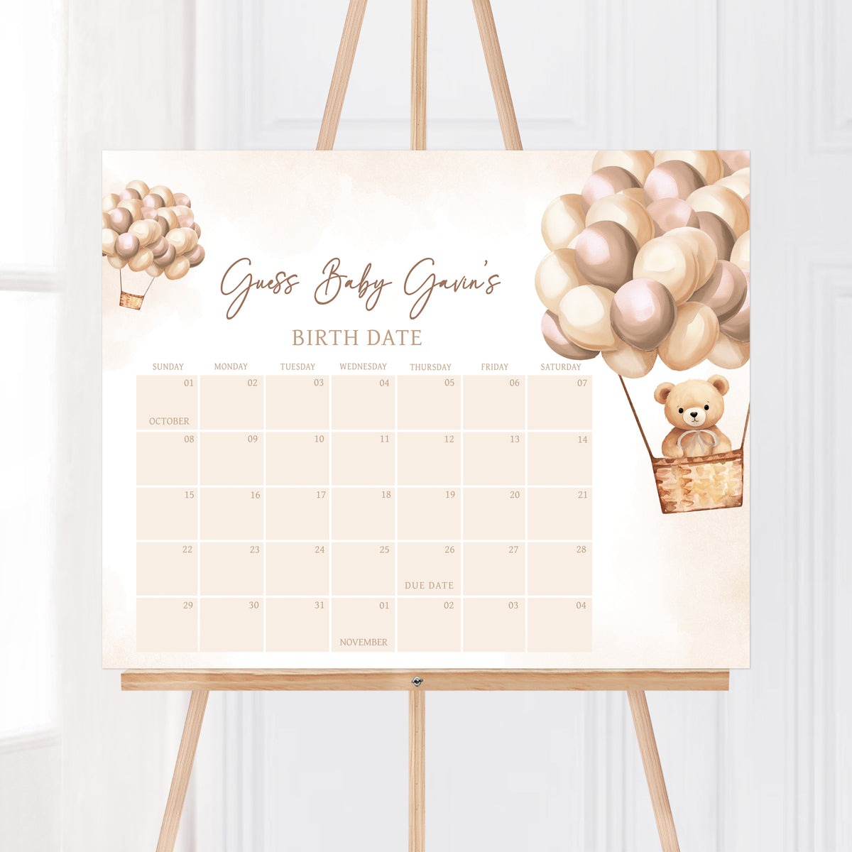Boho Balloon Brown Bear Shower Activity Due Date Calendar Printable ...