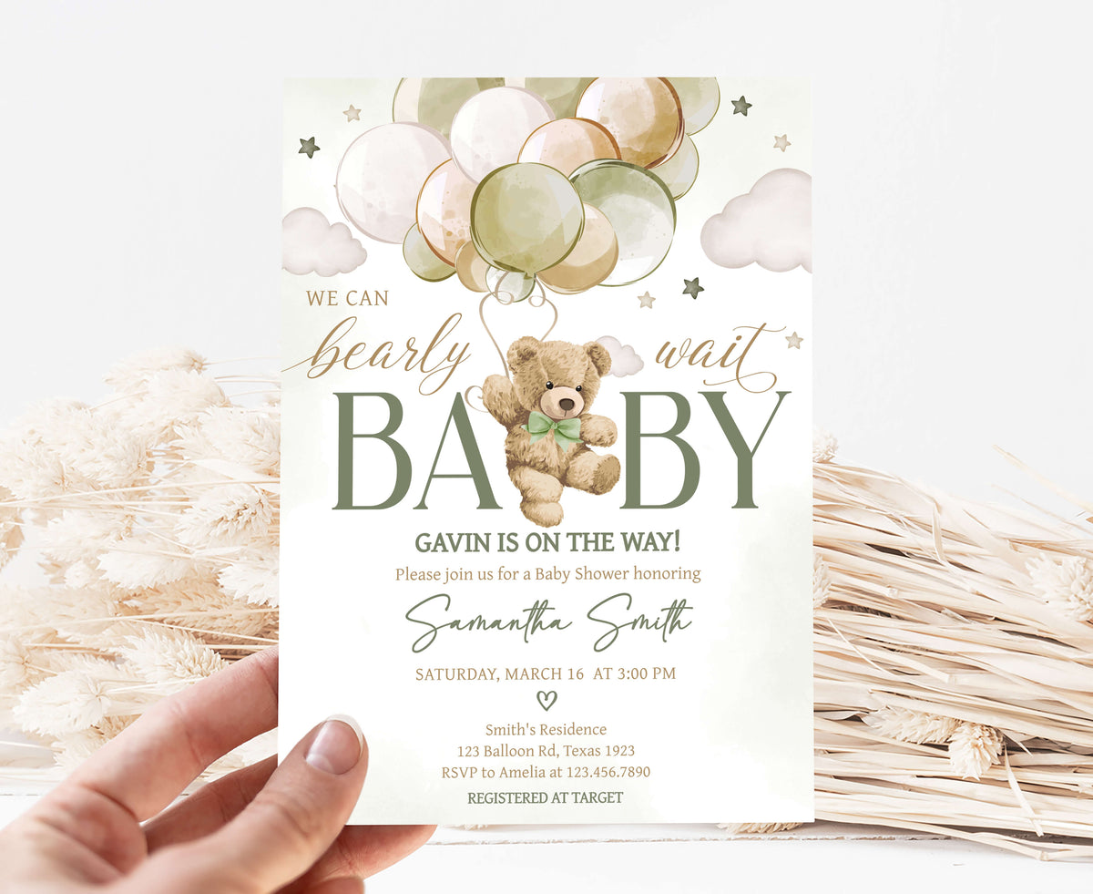 Green Boho Bear Invitation Template for Gender Neutral Baby Shower ...
