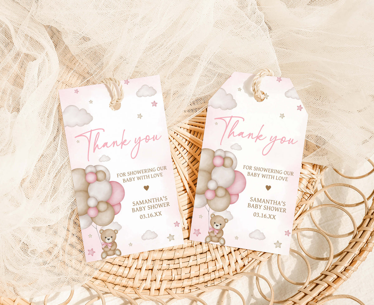 Editable Favor Tags for Baby Shower with Pink Balloon Bear – Cuddle Palette