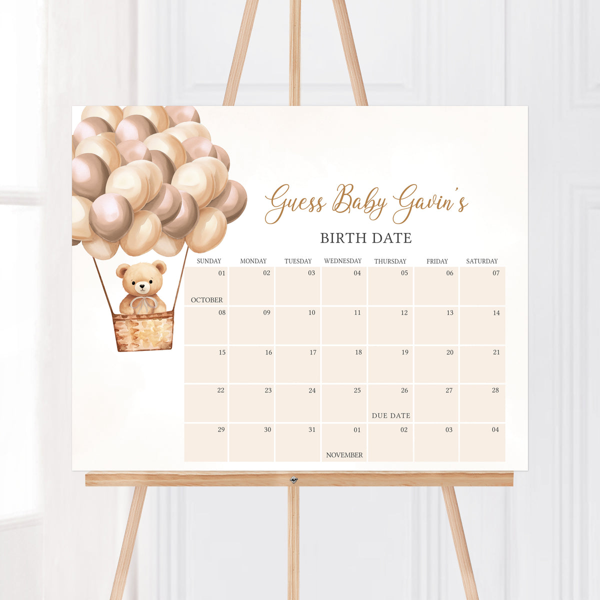 Brown Bear Baby Shower Due Date Calendar Printable – Cuddle Palette