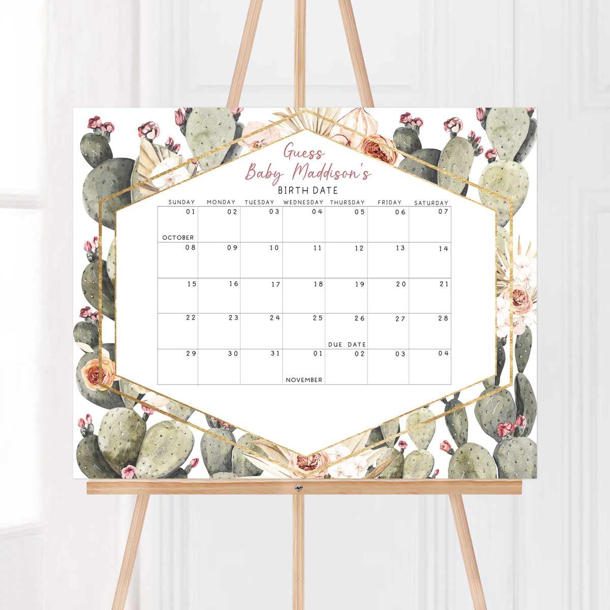 Editable Oh Baby Cactus Baby Shower Due Date Calendar – Cuddle Palette