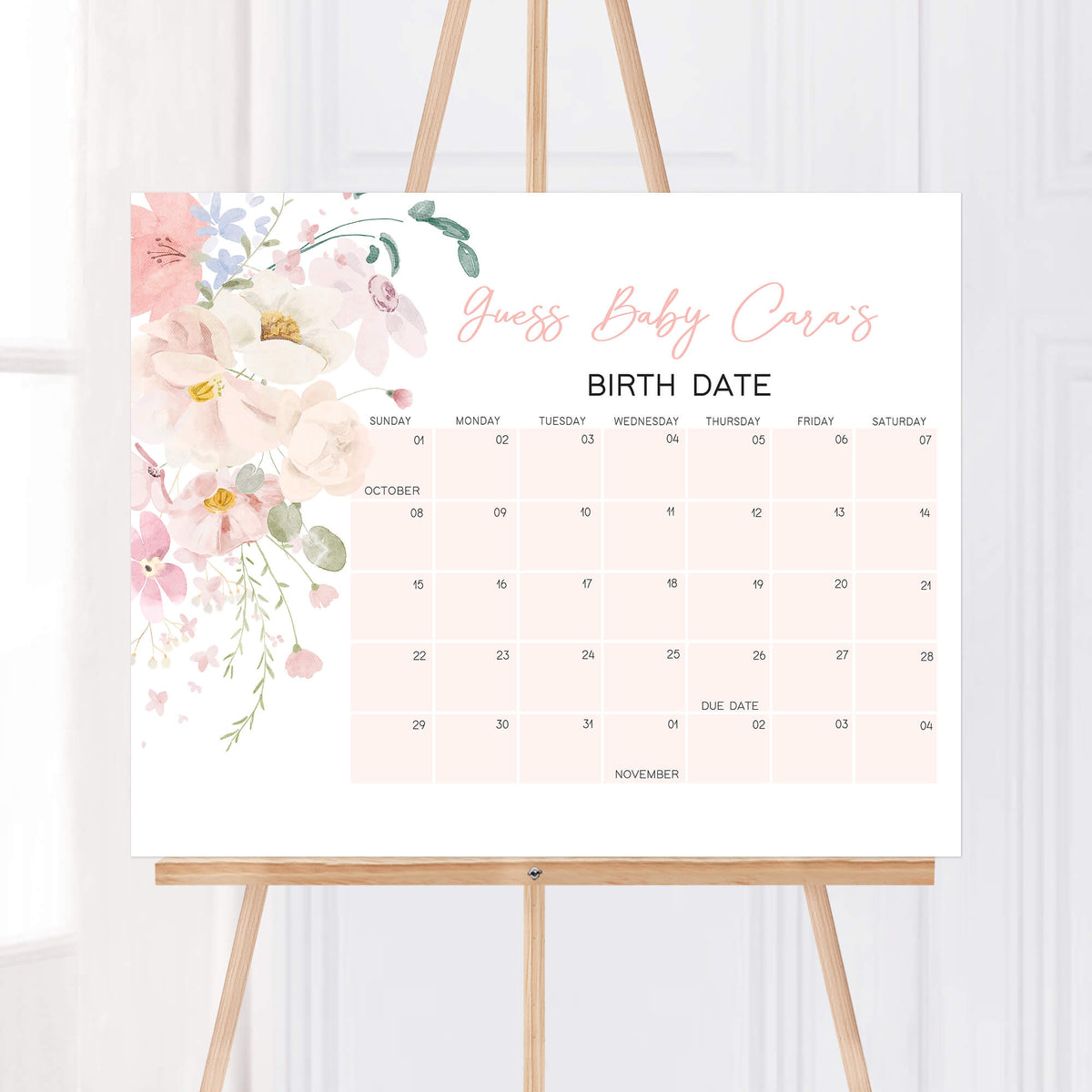 Editable Pastel Baby in Bloom Baby Shower Due Date Calendar – Cuddle ...