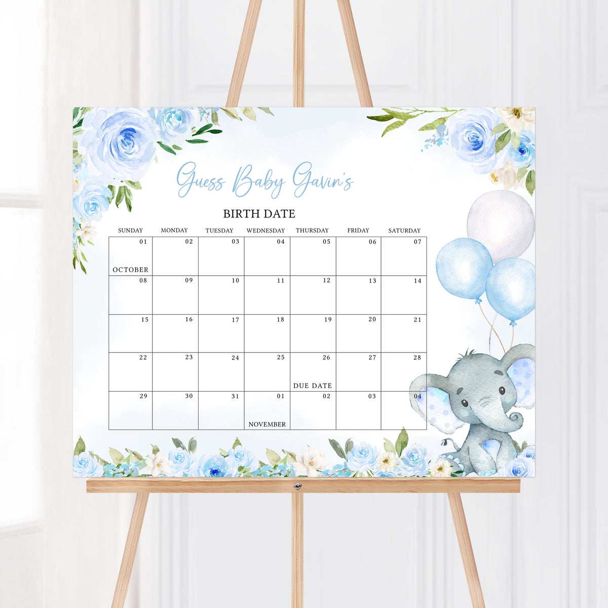 Editable Blue Floral Elephant Baby Shower Due Date Calendar – Cuddle ...
