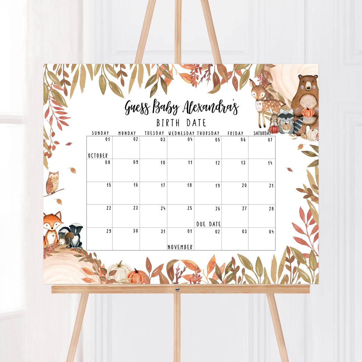Editable Fall Woodland Baby Shower Due Date Calendar – Cuddle Palette