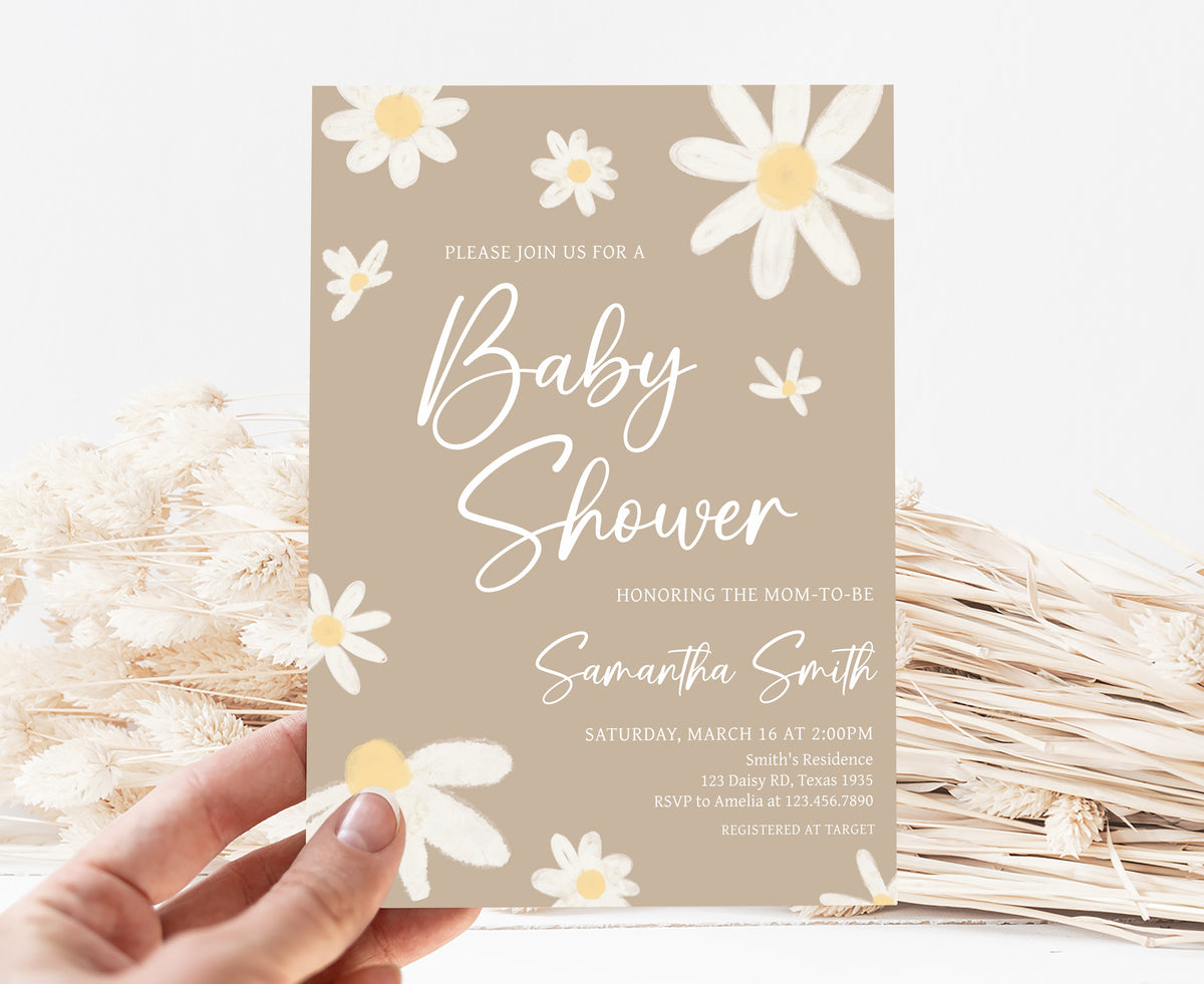 Beige Floral Invitation Template for Gender Neutral Baby Shower ...