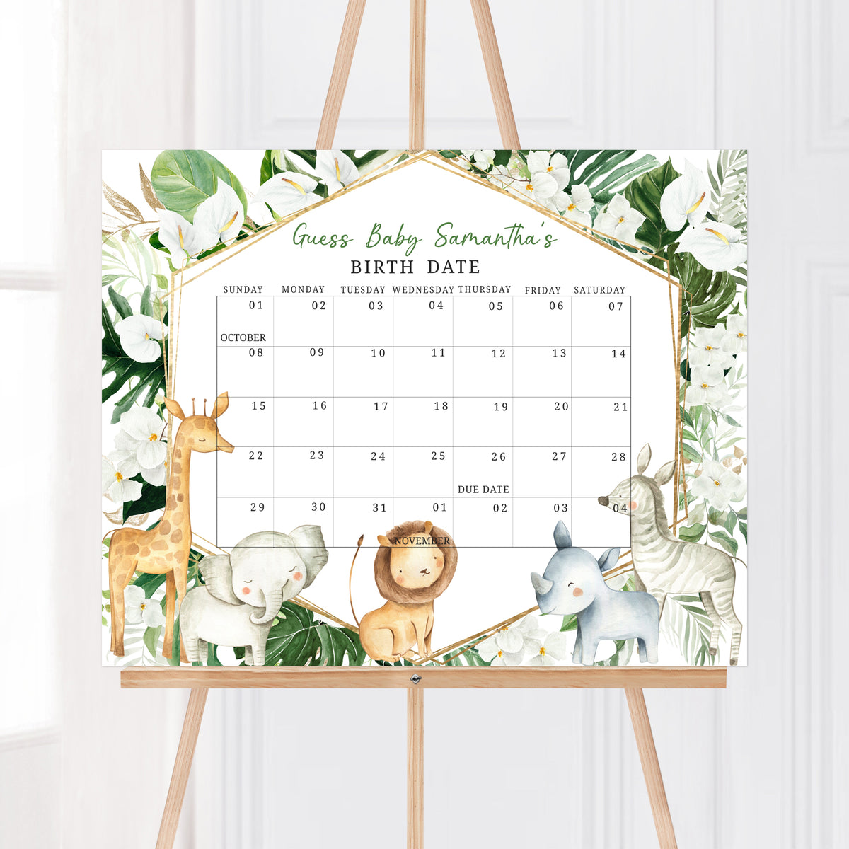 Editable Safari Animals Tropical Baby Shower Due Date Calendar – Cuddle ...