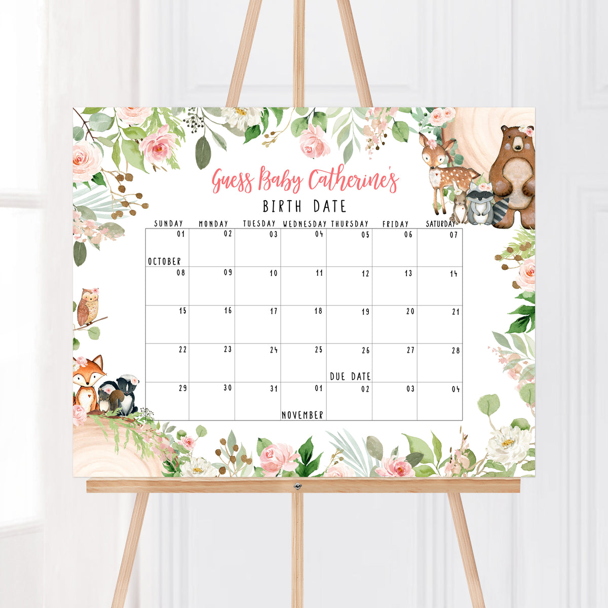 Editable Girl Woodland Baby Shower Due Date Calendar – Cuddle Palette