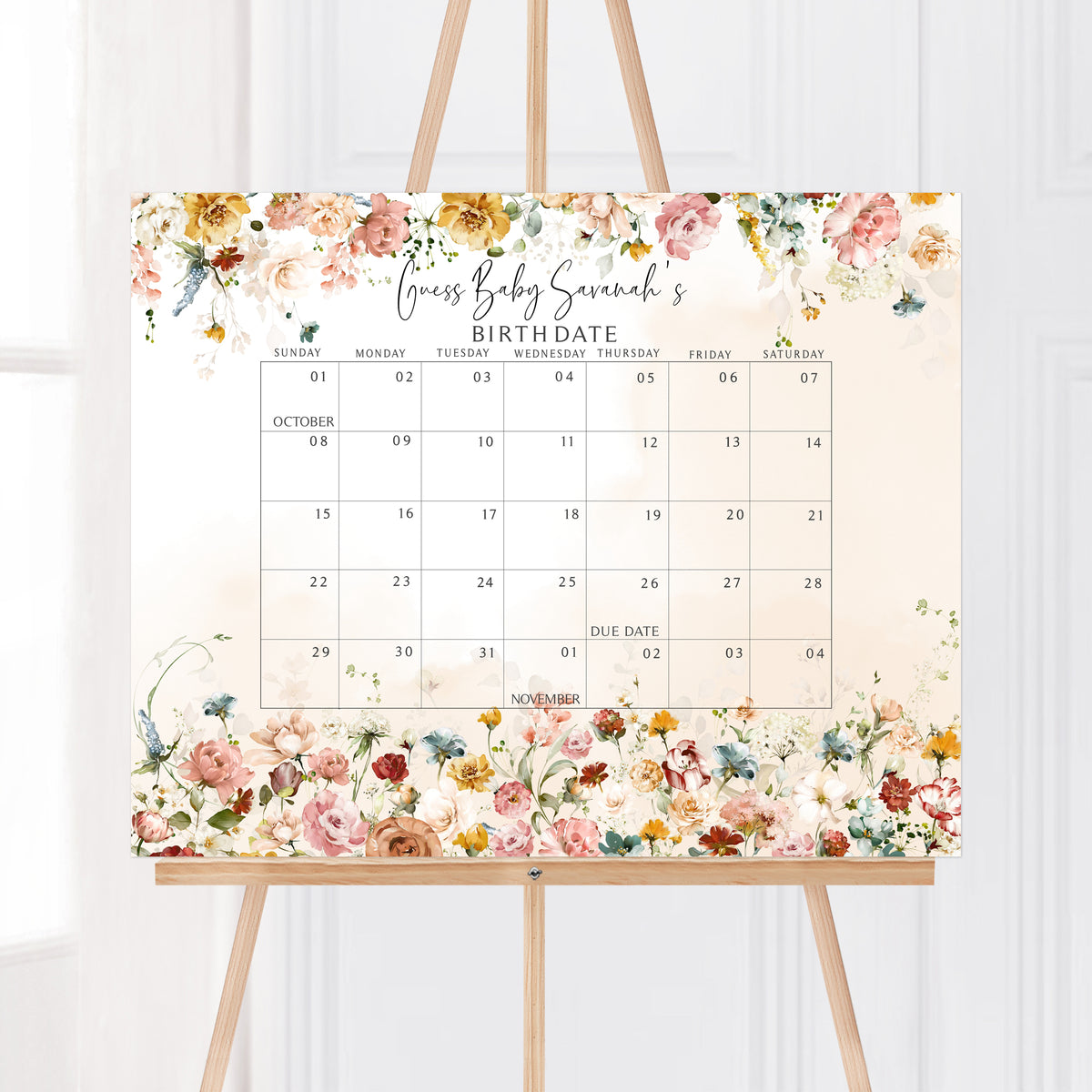 Printable Garden Flowers Girl Baby Shower Due Date Calendar – Cuddle ...