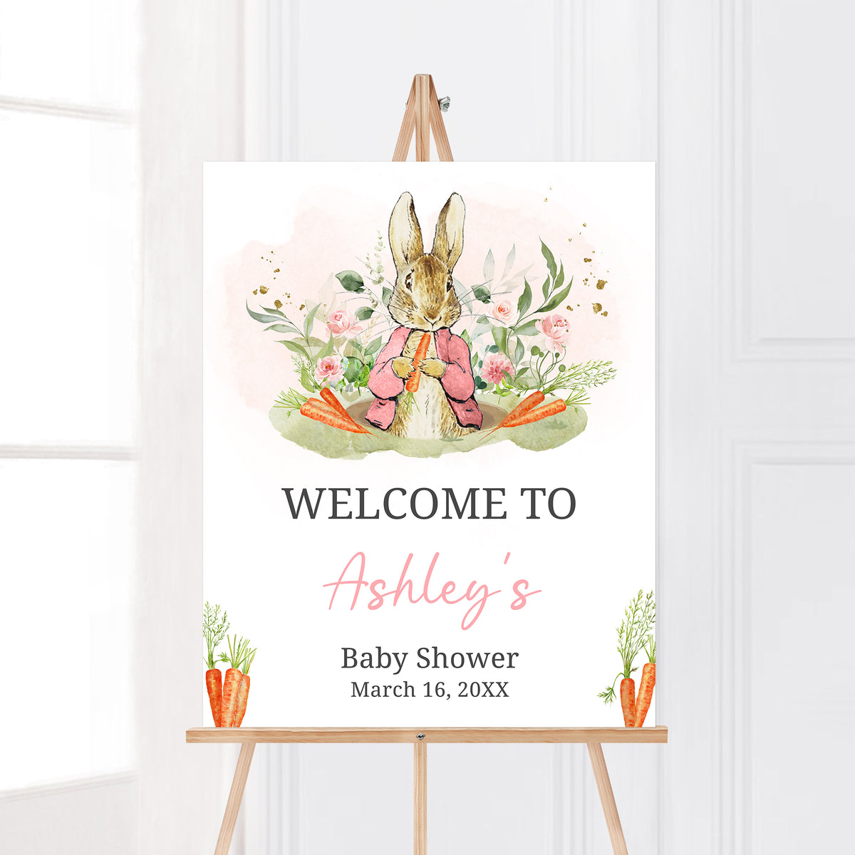 Editable Pink Peter Rabbit Baby Shower Welcome Sign – Cuddle Palette